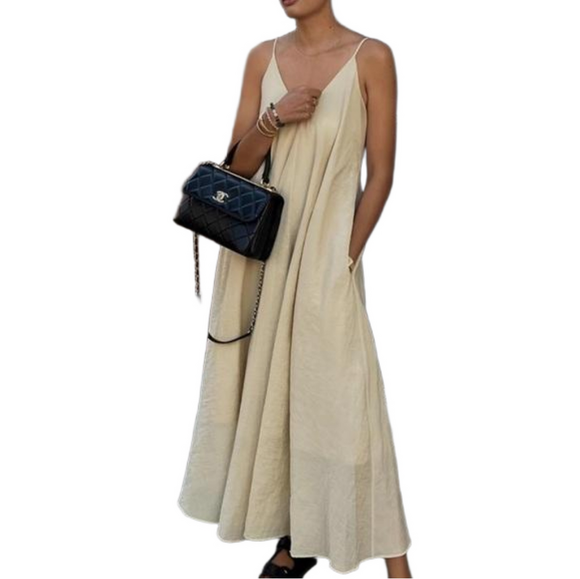 Commense | Dresses | Nwt Commense Double Layers Vneck Long Dress Tan ...